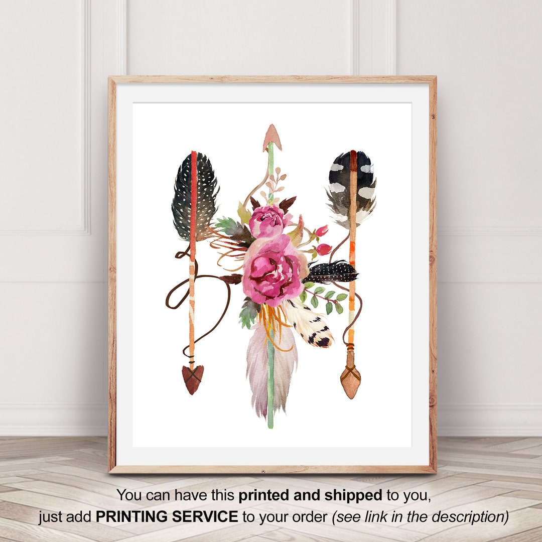 Arrow Art Print With Flowers and Feathers, Tribal Native American ...