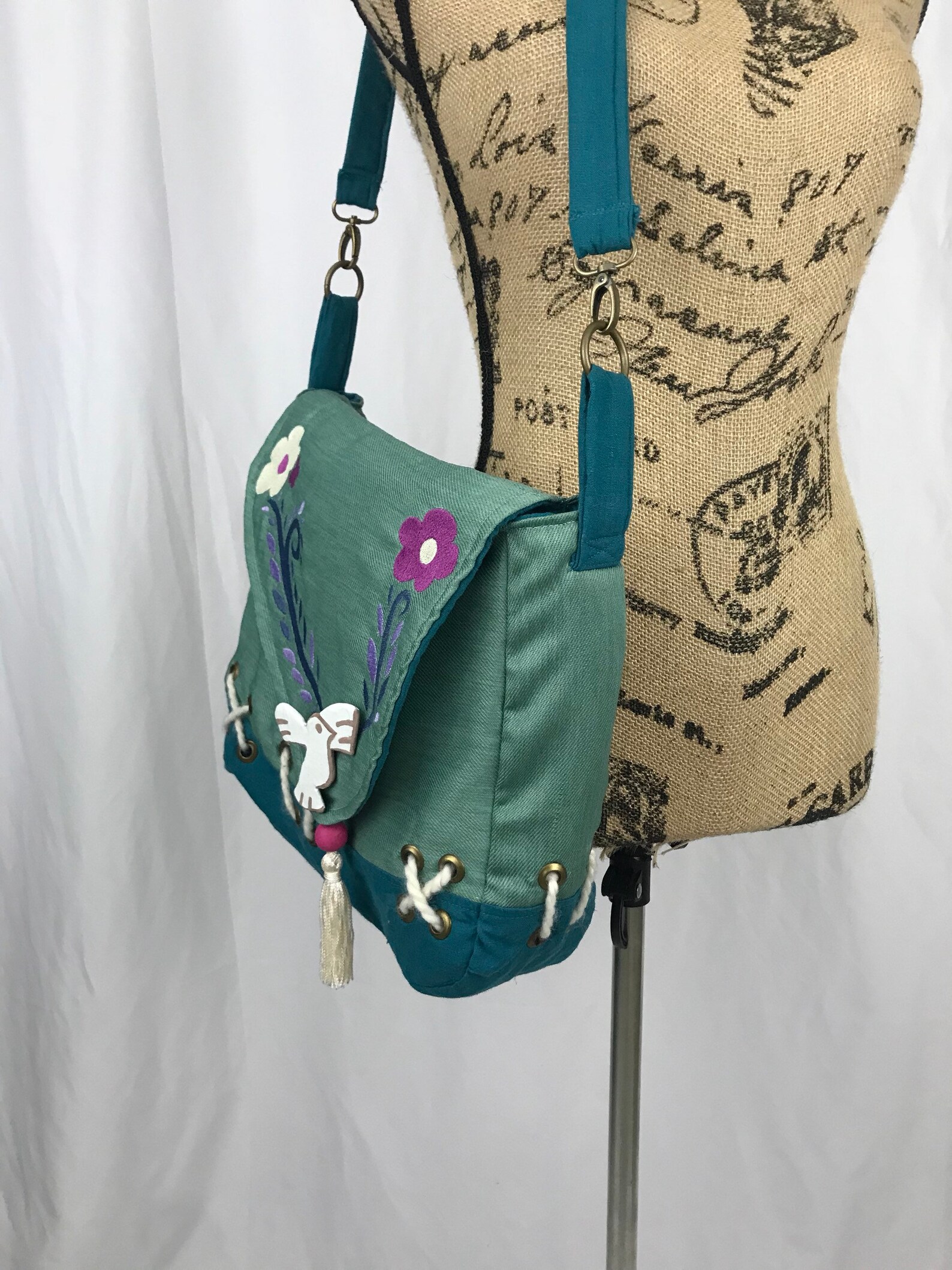 Large Green Travel Adventure Bag with Bird Decoration and | Etsy