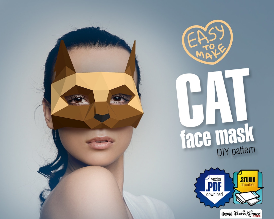 Cat DIY 3d Paper Face Mask Pattern, Digital Layout - Etsy