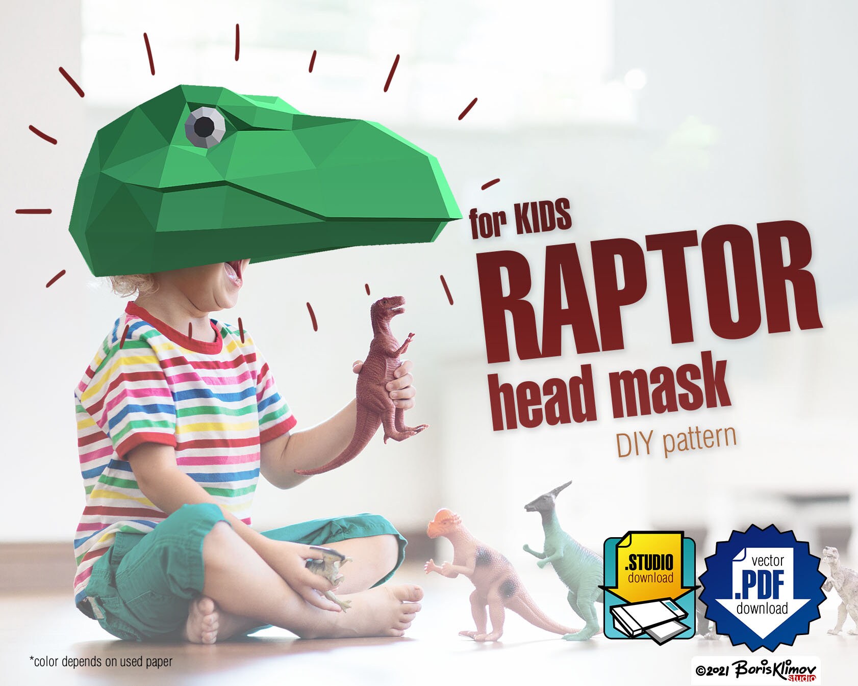 Raptor Dinosaur DIY 3d Paper Head Mask. Digital Pattern PDF | Etsy