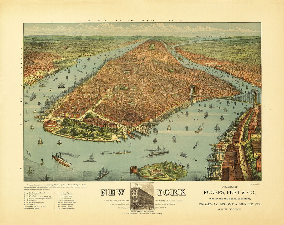 New York, Manhattan Island Bird's Eye View Map 1879 - Fine Art ...