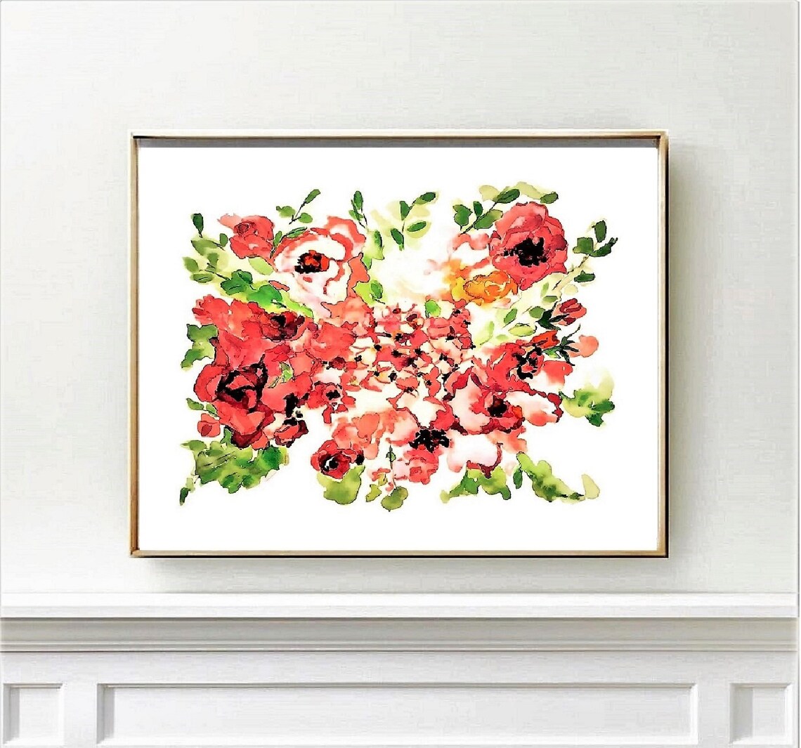 Red Bouquet Floral Print, Flowers Art INSTANT DOWNLOAD Printable Wall ...
