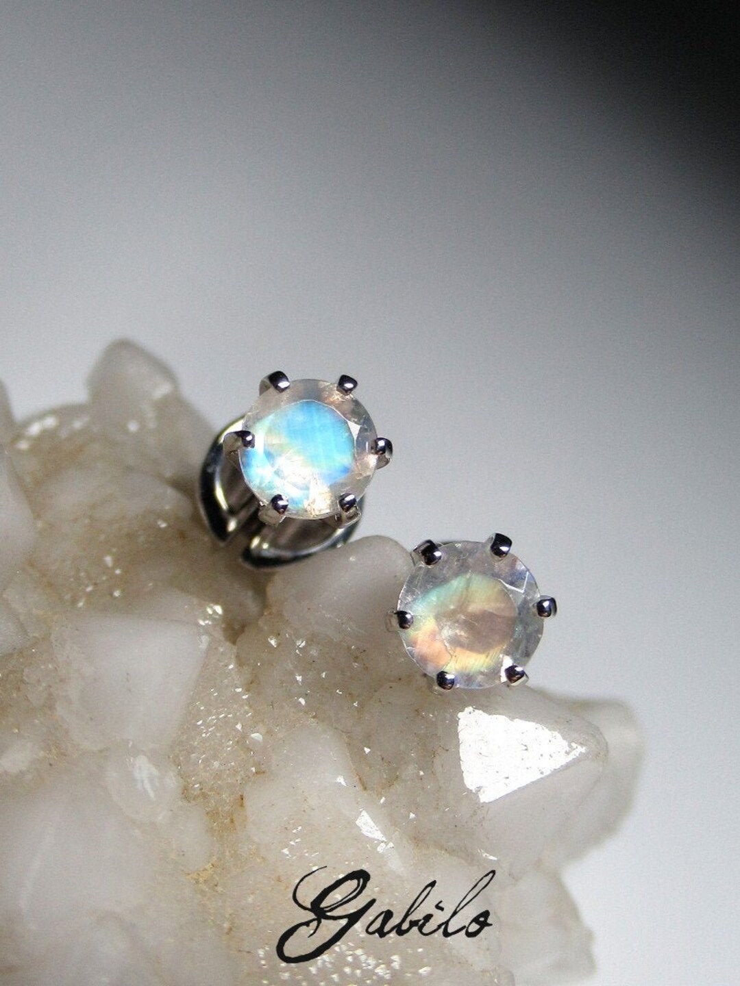 Moonstone Studs Earrings White Gold Jewelry Rainbow Gemstones - Etsy