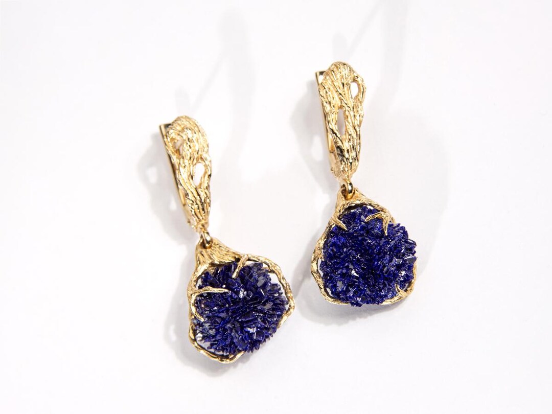 Azurite Gold Earrings Blue Gemstone 14k Yellow Gold - Etsy