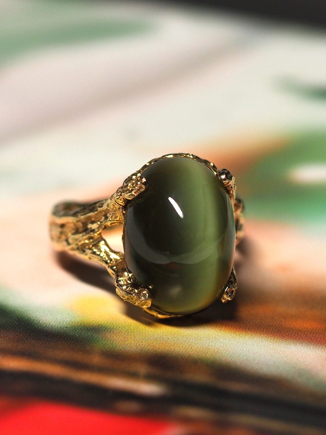 Cat's Eye Nephrite Ring Jade Gold Chatoyancy Engagement Ring Cocktail ...