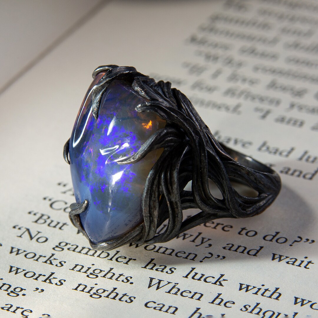 Black Silver Ring With Dark Neon Opal Lord of the Rings Style Gothic ...