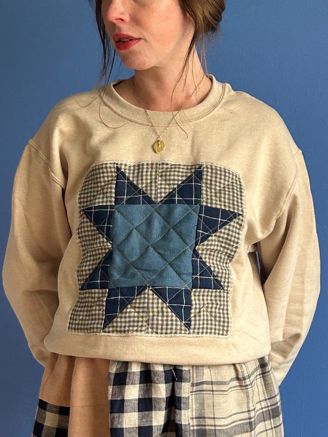 Blue Sawtooth Quilt Sweatshirt | Sweatshirt With Quilt Patch | Handmade ...
