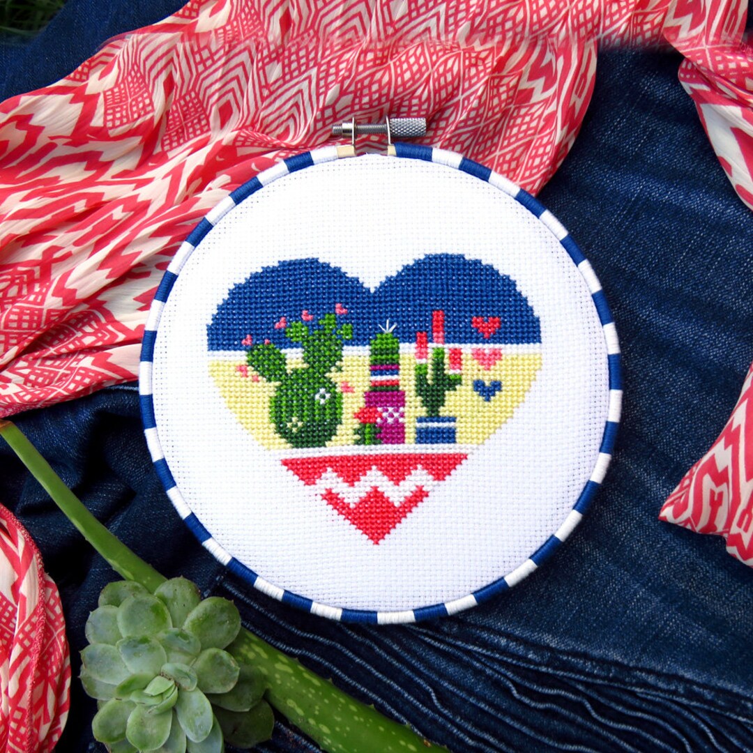 Mexican Cross Stitch Chart, Cactus Cross Stitch Pattern, Heart Cross ...