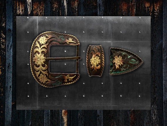 Western Buckle Set Engraved Design Hand Finished Antique | Etsy