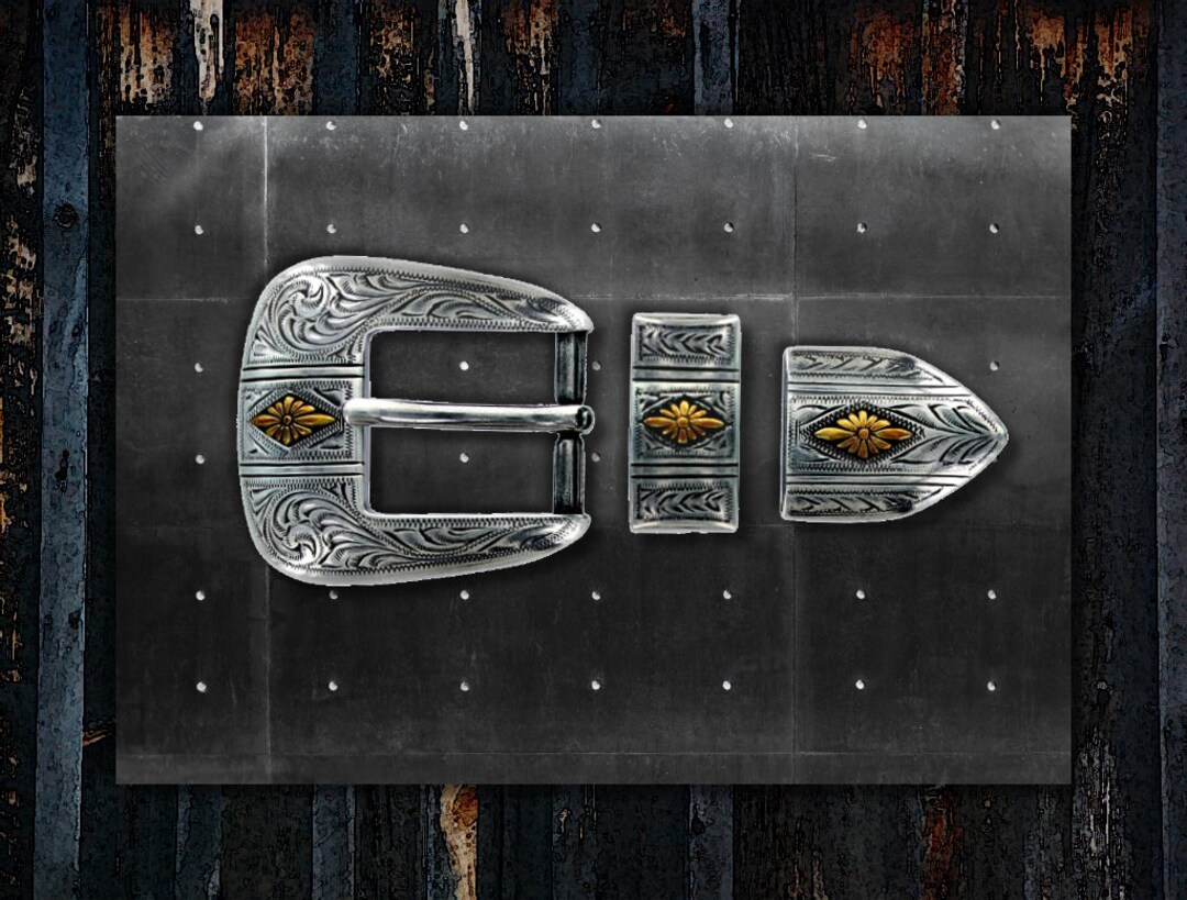 Three Piece Engraved Buckle Set * Antique Silver & Gold Finish * Fits 1 ...