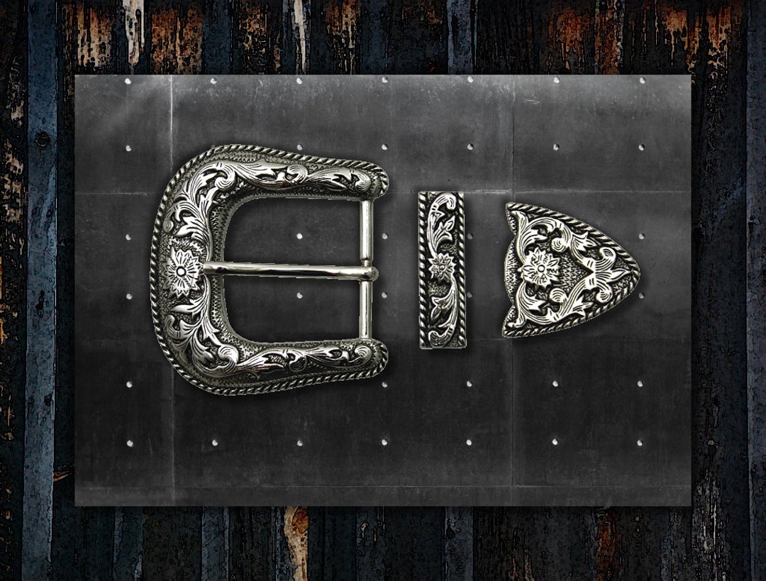 Western Buckle Set * Engraved Floral Design * Antique Silver Finish ...