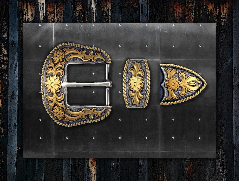 Western Belt Buckle * 3 Piece Buckle Set * Engraved Antique Silver and ...