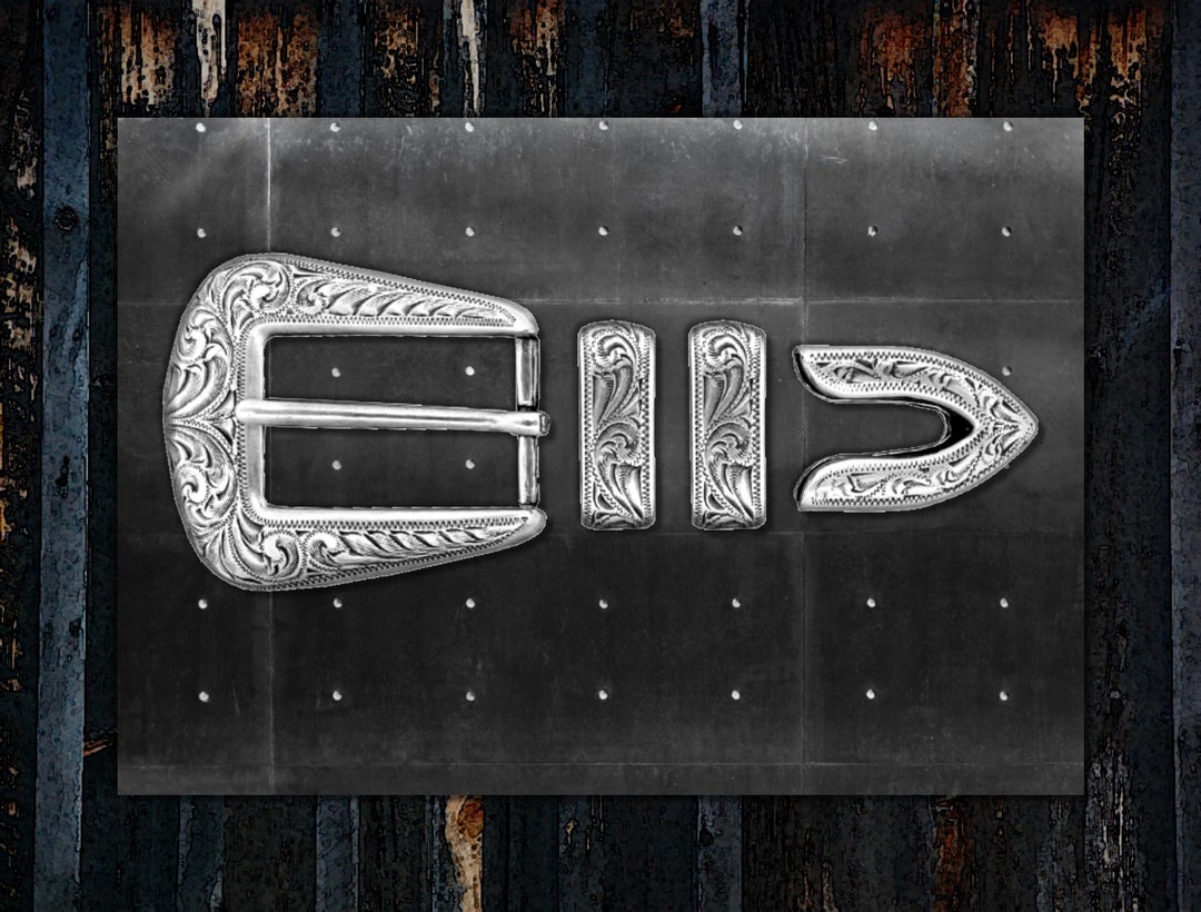 Western Ranger Buckle Set * Engraved Scroll Design * 4 Pieces * Antique ...