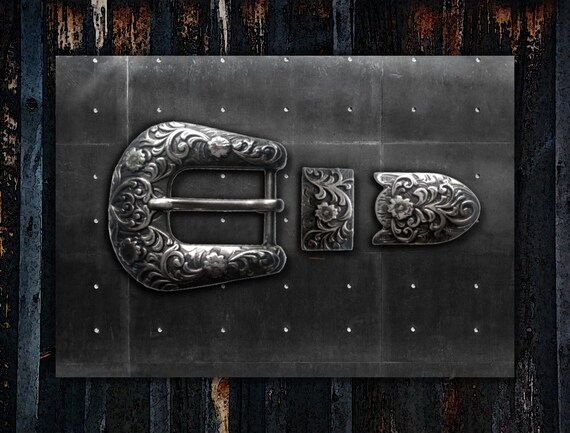 Vintage Buckle Set Engraved Floral Design Hand Polished | Etsy