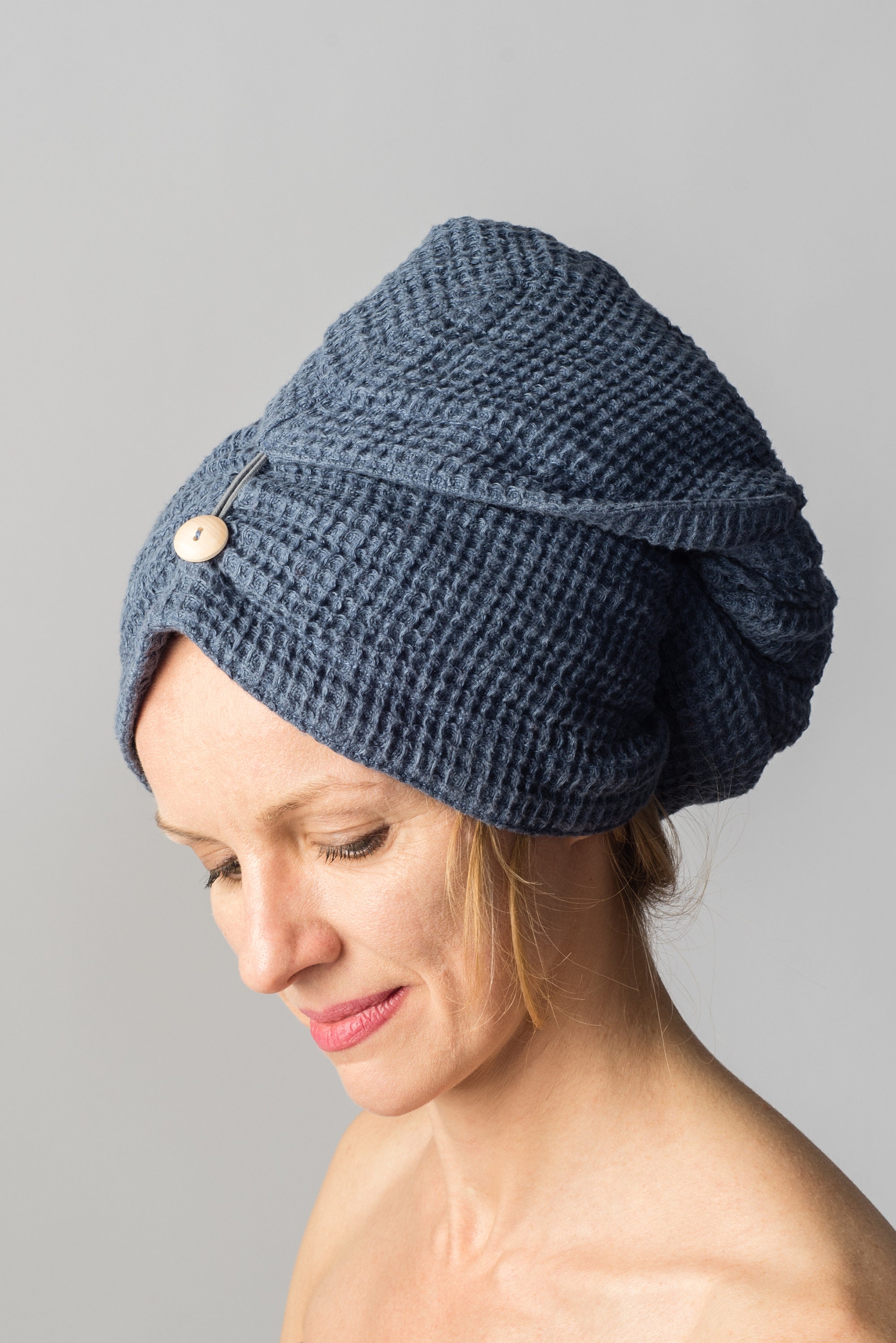 Double-layered Light Blue Linen Waffle Weave Hair Towel Turban ...