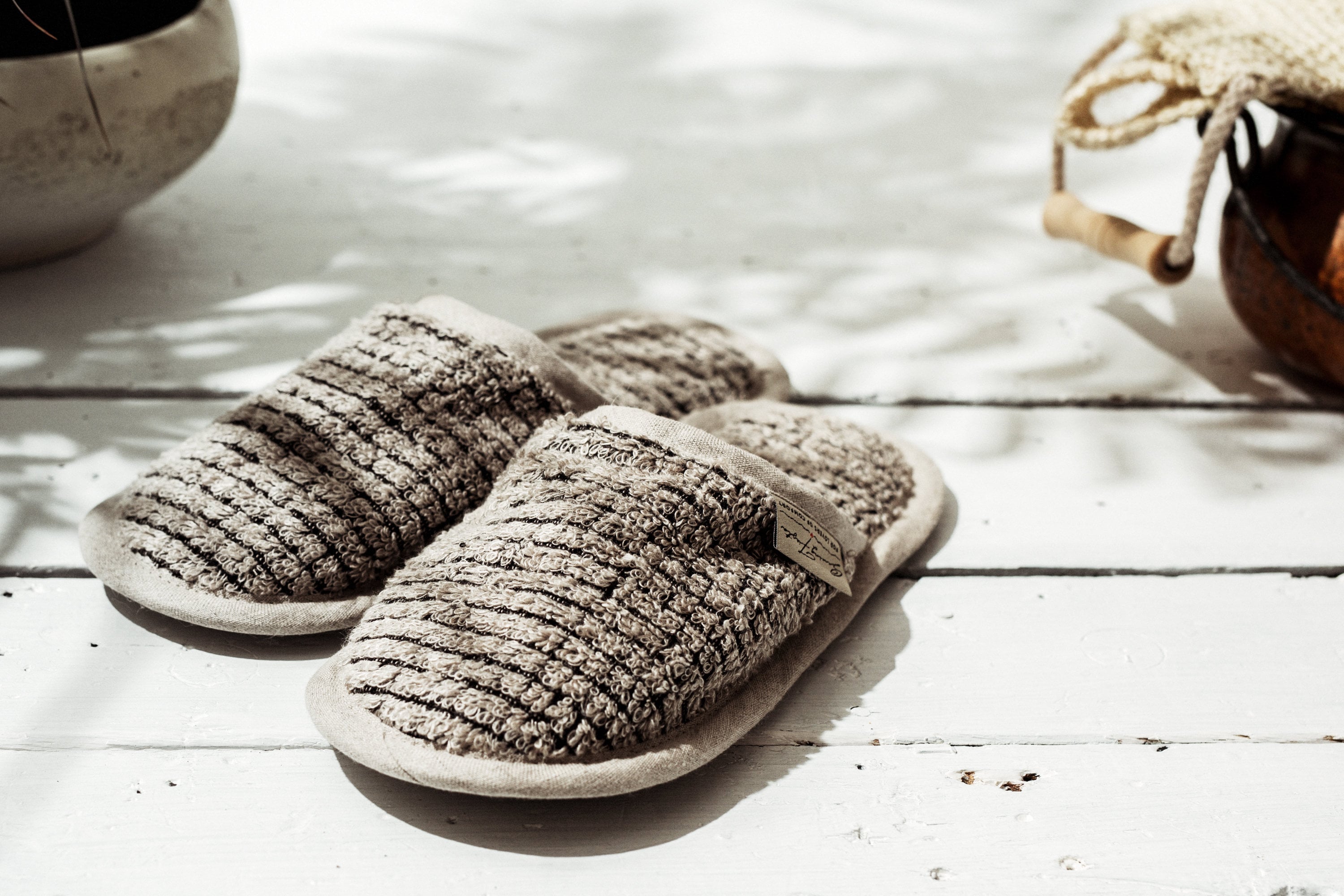 Linen Cotton Terry Slippers for Home, Sauna, Bath, and Spa. Natural ...