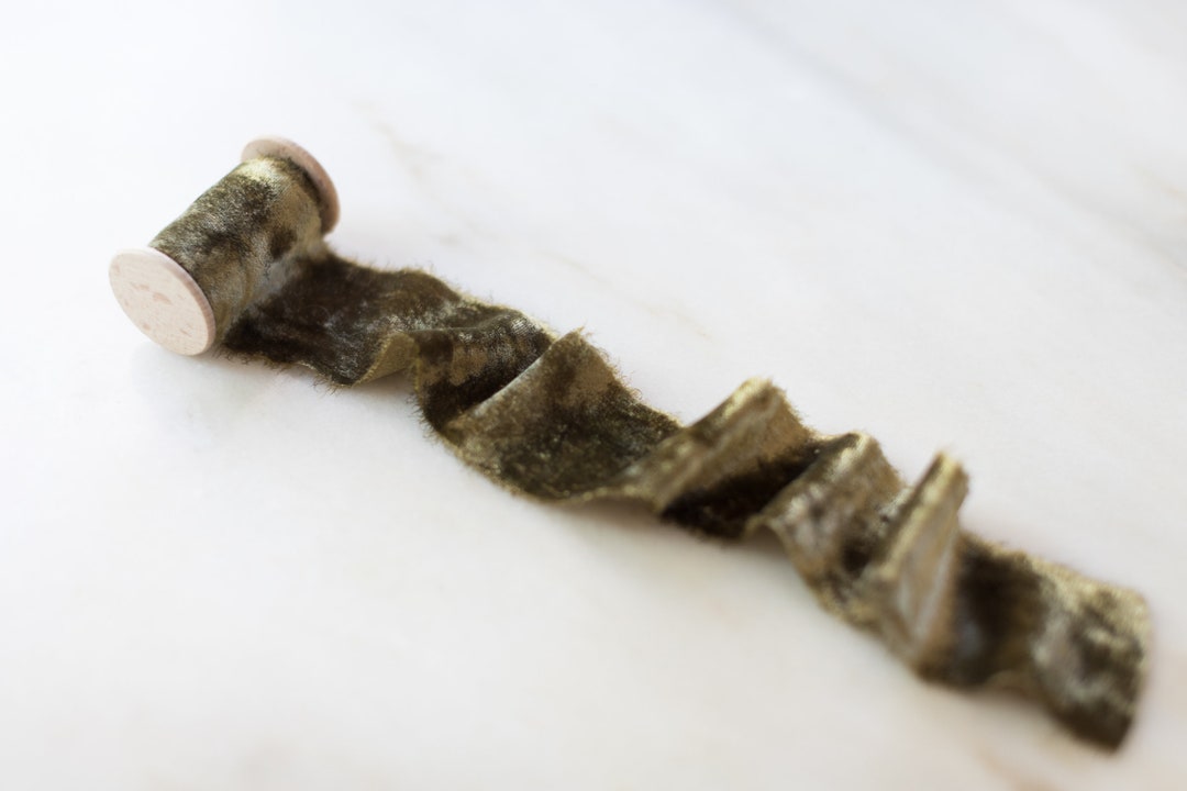 Velvet Silk Ribbon, Olive Green, 2" Wide, Handmade, Hand-dyed, Eco ...