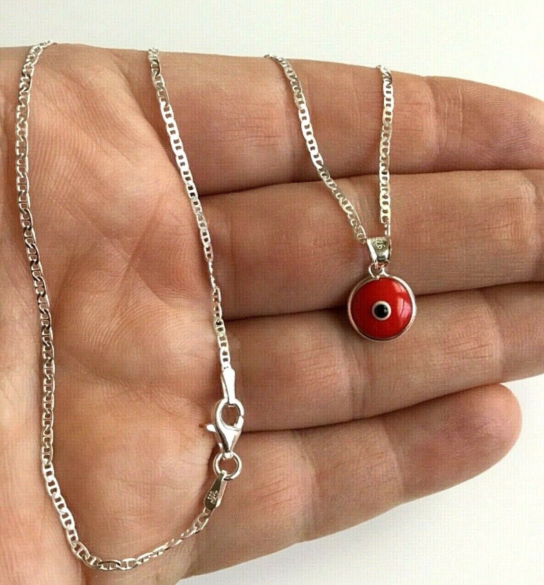 925 Sterling Silver RED Evil Eye Necklace 20" Long for Good Luck ...