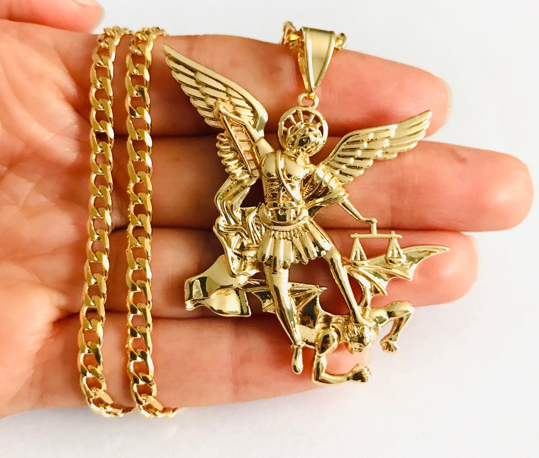 18K Gold Filled Saint Michael Necklace 22 Curb Link Chain/ Protection ...