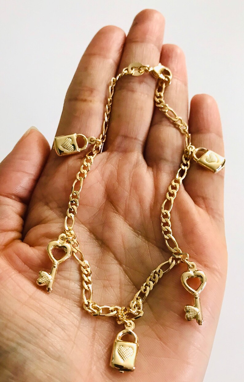 18K Gold Filled Key and Lock Anklet 10 long charm anklet | Etsy