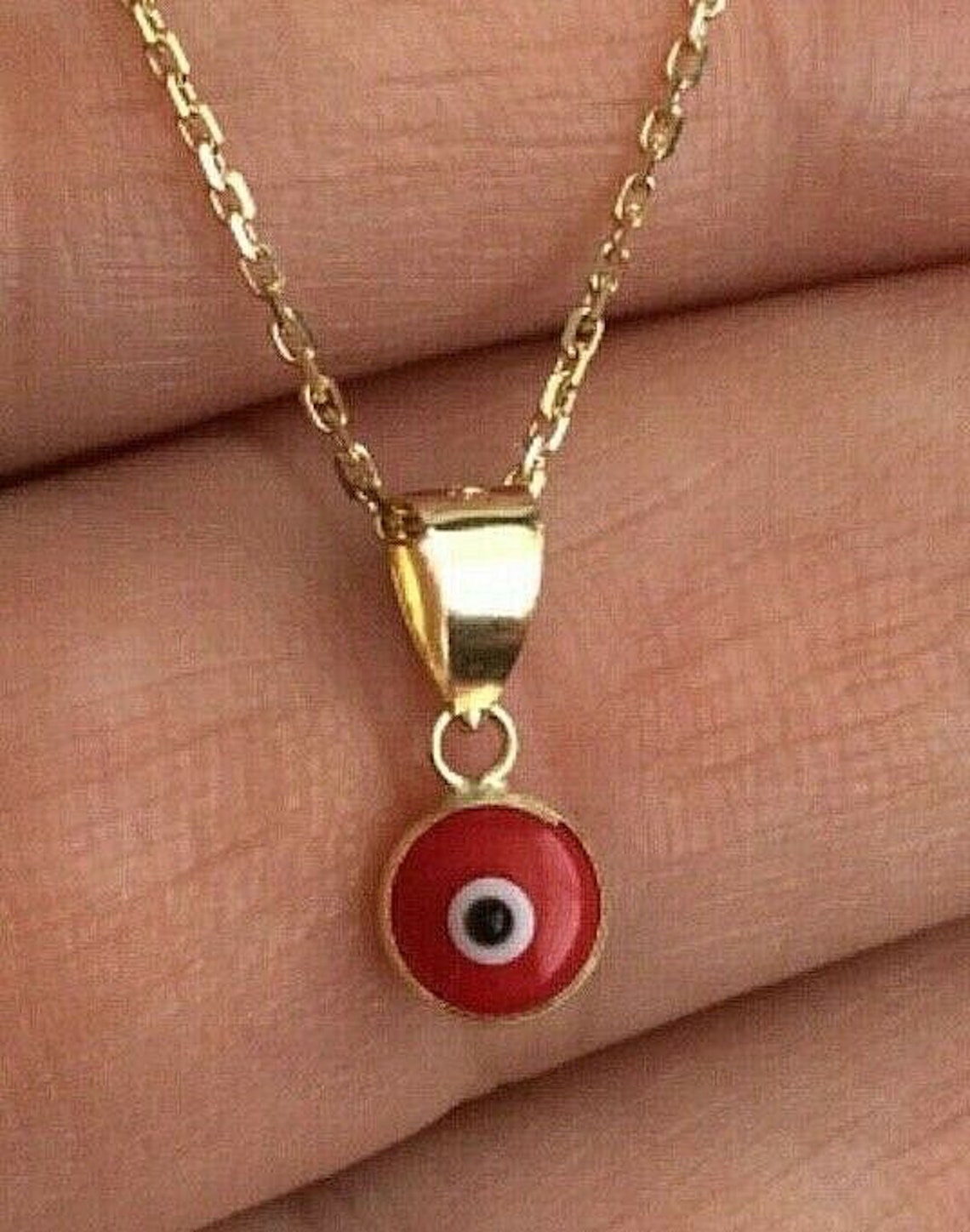 14k Solid Gold Red Evil Eye Necklace 20 Long / 14k Oro | Etsy