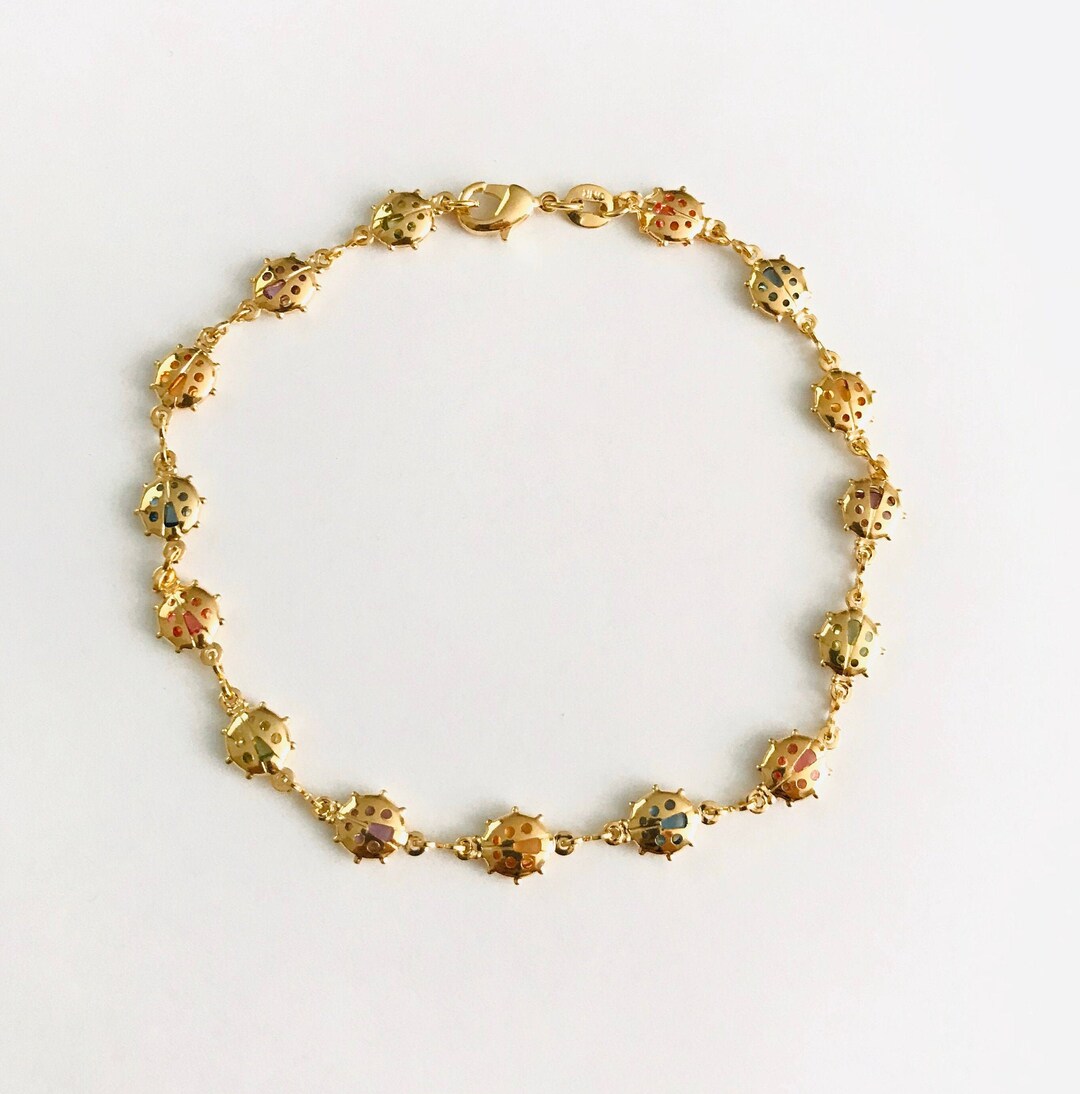 18k Gold Filled Ladybug Crystal Anklet 10" Long / Tobillera De ...