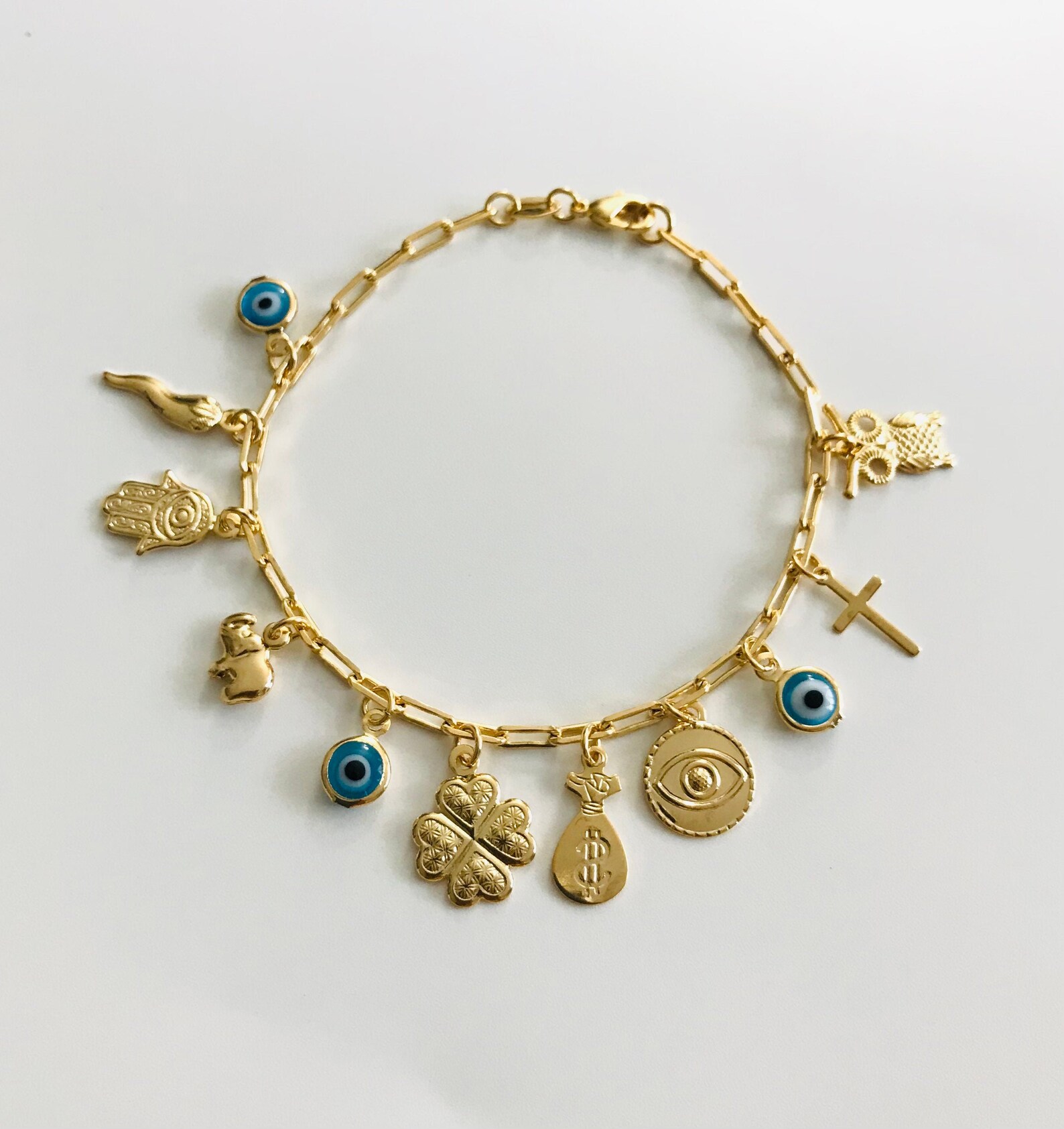 18K Gold Filled Multi Charm Paperclip Bracelet Evil Eye - Etsy