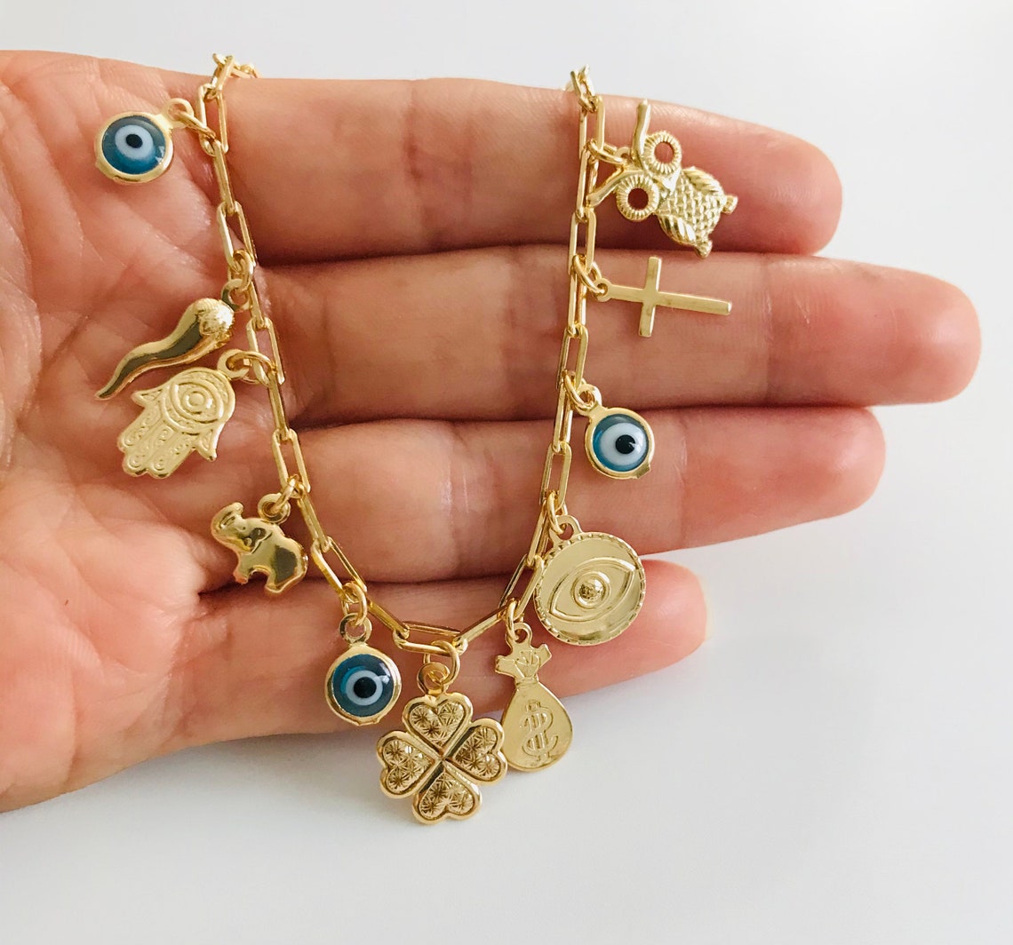18K Gold Filled Multi Charm Paperclip Bracelet Evil Eye - Etsy