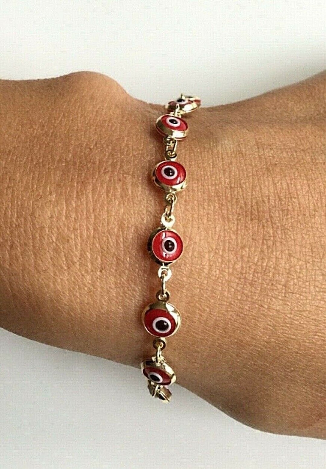 14K Solid Gold 6mm Red Evil Eye Bracelet 7.25Long 3.6gr, Murano Glass ...