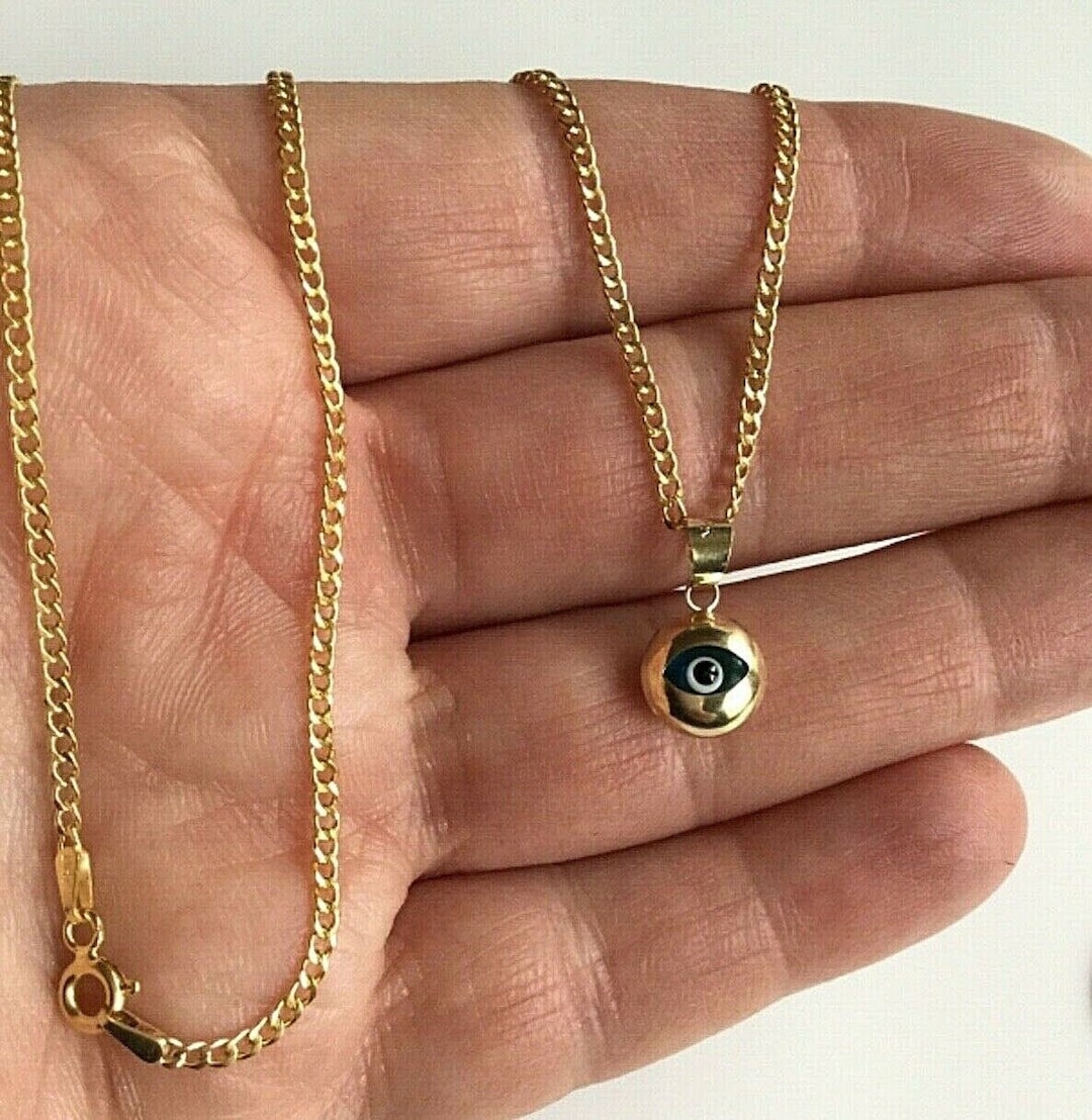 14k Solid Gold Evil Eye Necklace 20" Long, 15mm Murano Glass Blue Evil ...