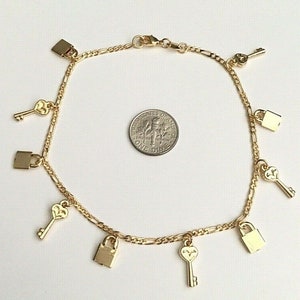 18K Gold Filled Key and Lock Anklet 9.25 Long /tobillera De Llave Y ...