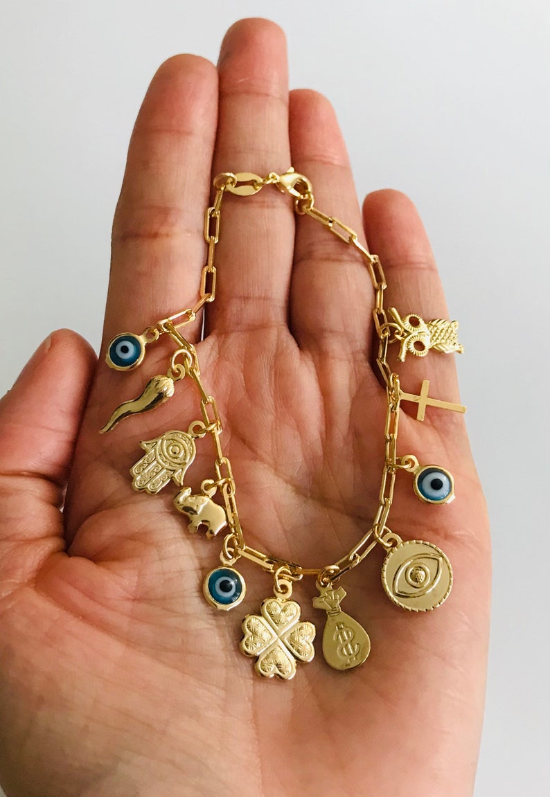 18K Gold Filled Multi Charm Paperclip Bracelet Evil Eye - Etsy