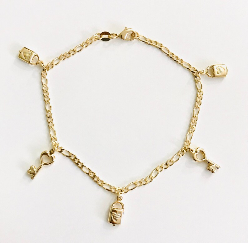18K Gold Filled Key and Lock Anklet 10 long charm anklet | Etsy
