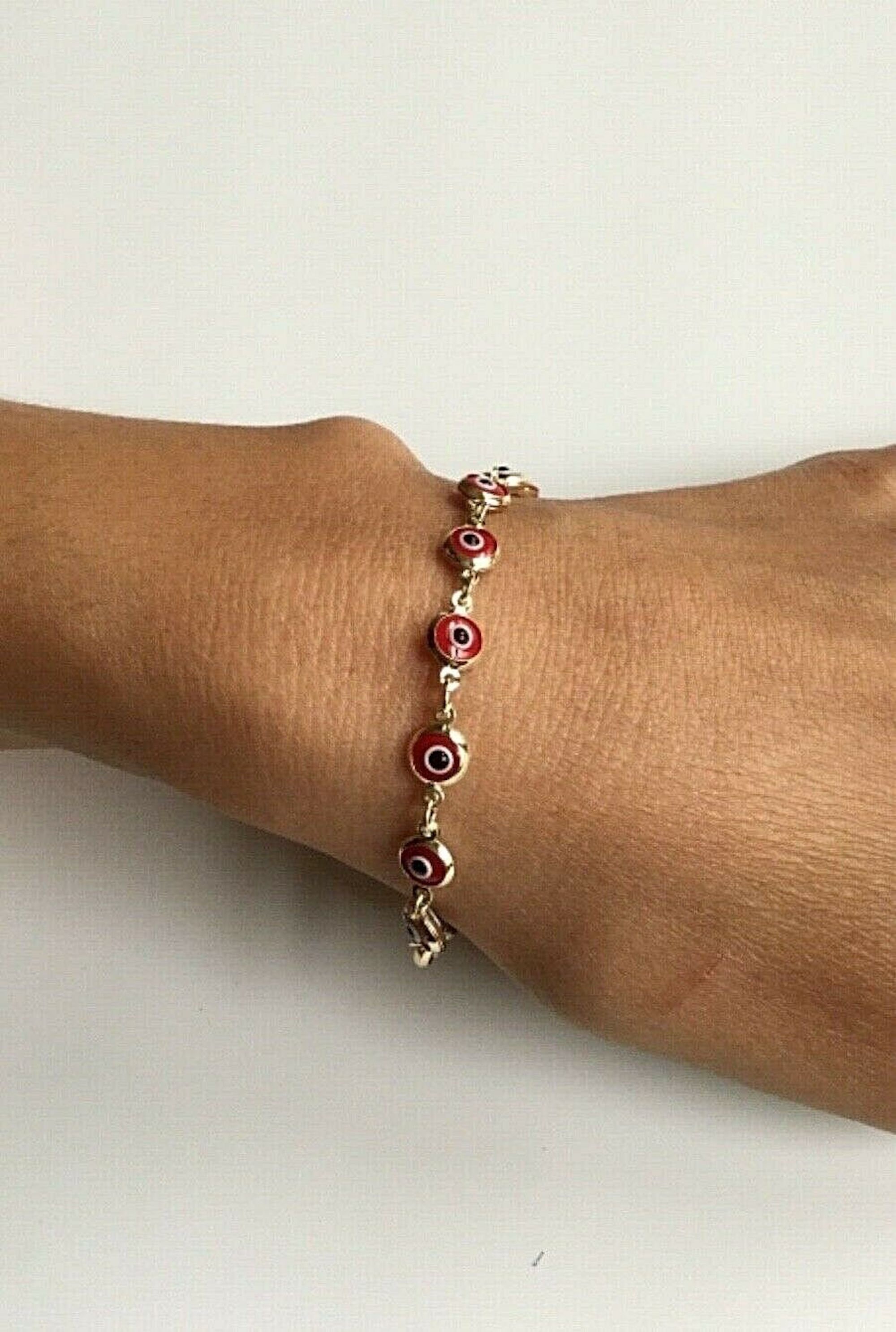 14K Solid Gold 6mm Red Evil Eye Bracelet 7.25Long 3.6gr - Etsy.de