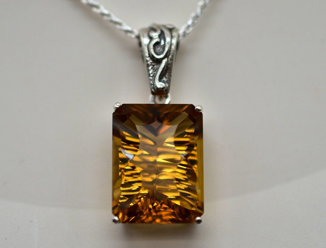 LARGE 10.02 Ct. Concave Cut Brandy Quartz Pendant Sterling Silver W 18 ...