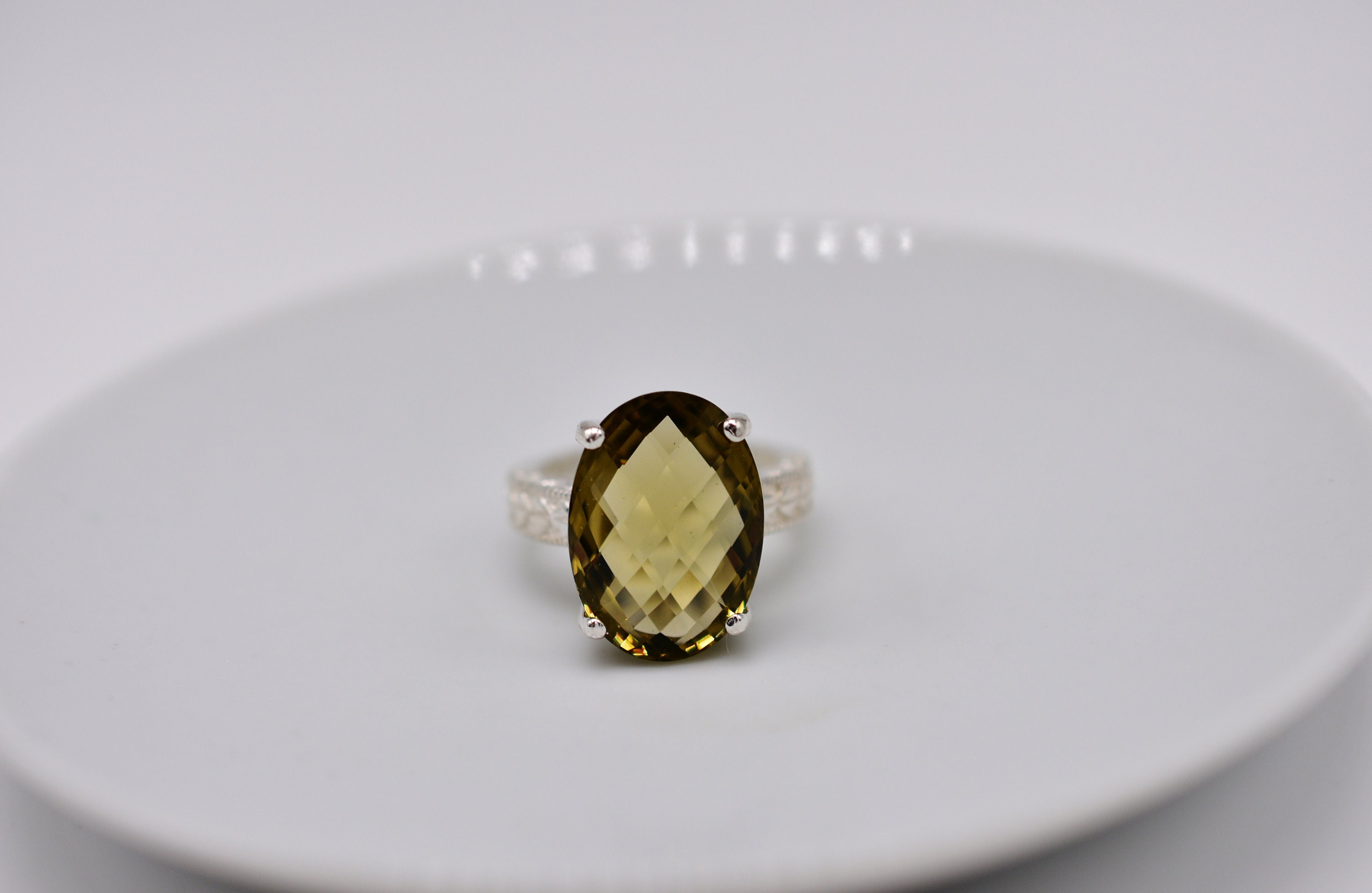 LARGE 18x13mm Oval Cut Natural Olive Quartz Ring in Large Sterling ...