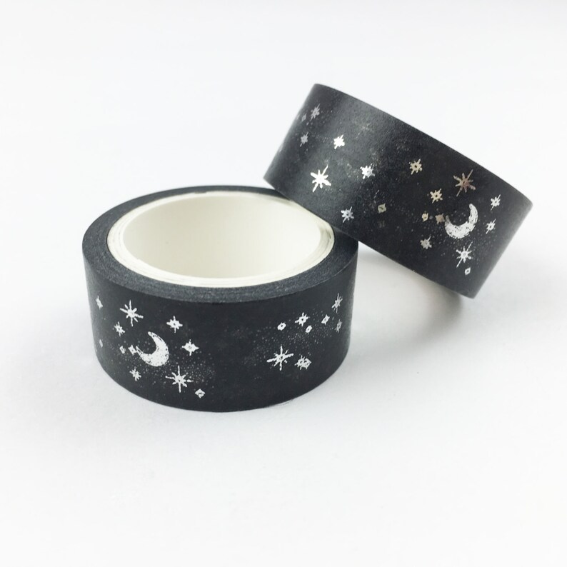 Black and Silver Celestial Moon & Star Pattern Washi Tape // | Etsy