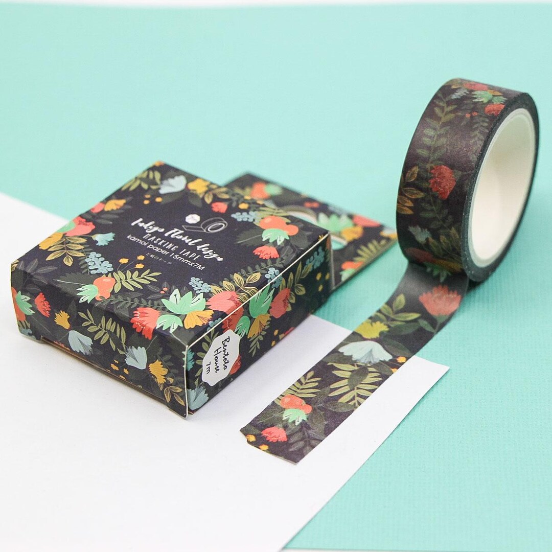 Vintage Floral Pattern Washi Tape, Vibrant Colorful Floral Black ...