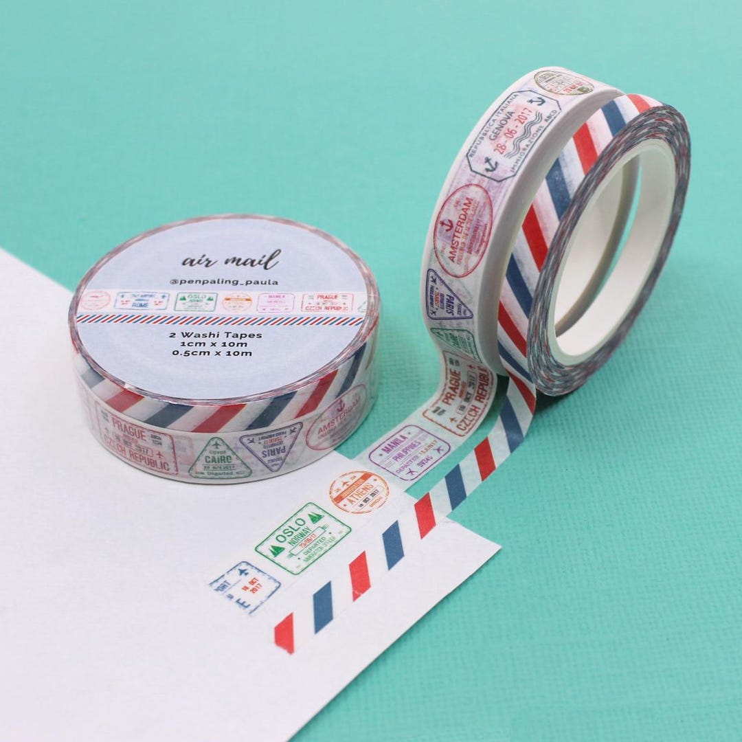2 Rolls of Air Mail Travel Stamps Washi Tape Set, Snail Mail Shipping ...