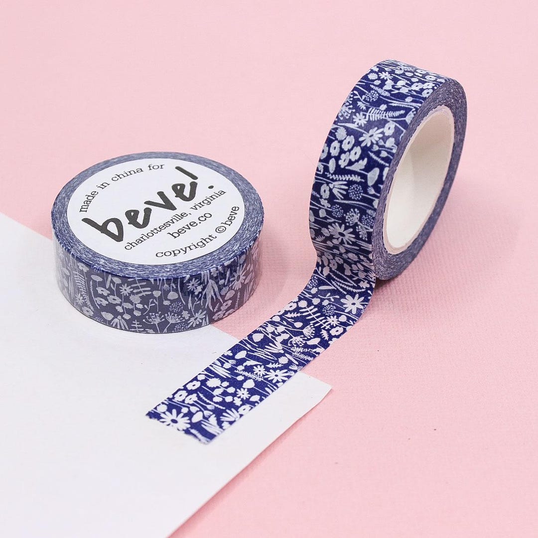 Blue & White Floral Pattern Washi Tape, Indigo Wildflowers Paper Tape ...