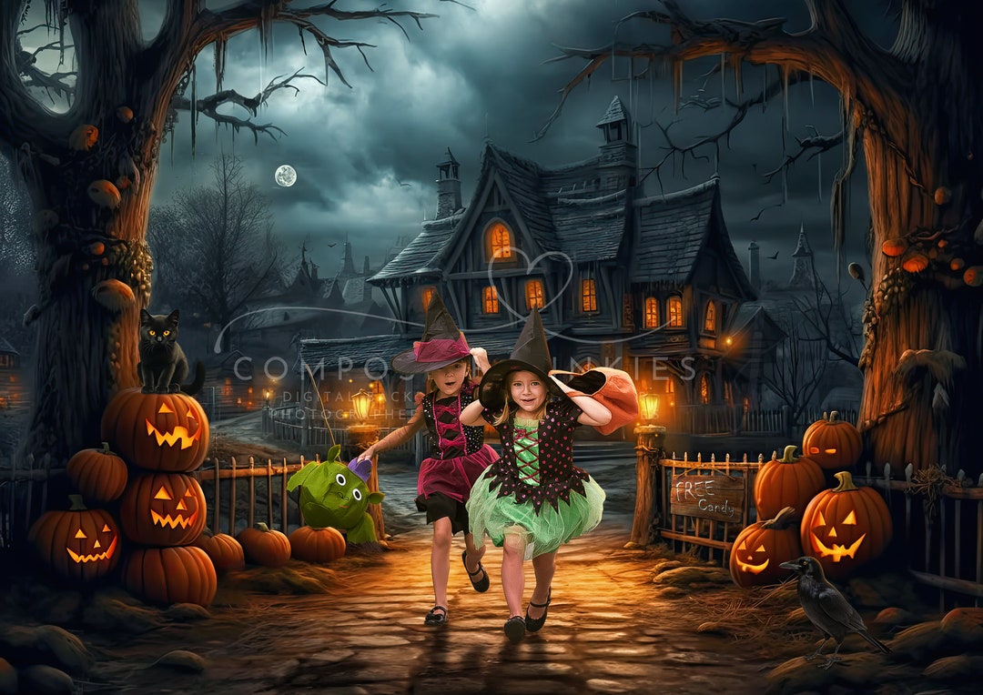 Spooky House Halloween Digital Backdrop Black Cat and Jack o lantern Ccomposite Background Photo Manipulation Photoshop Overlay Etsy