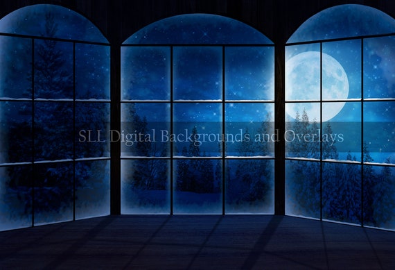 Winter night window digital backdrop | Etsy