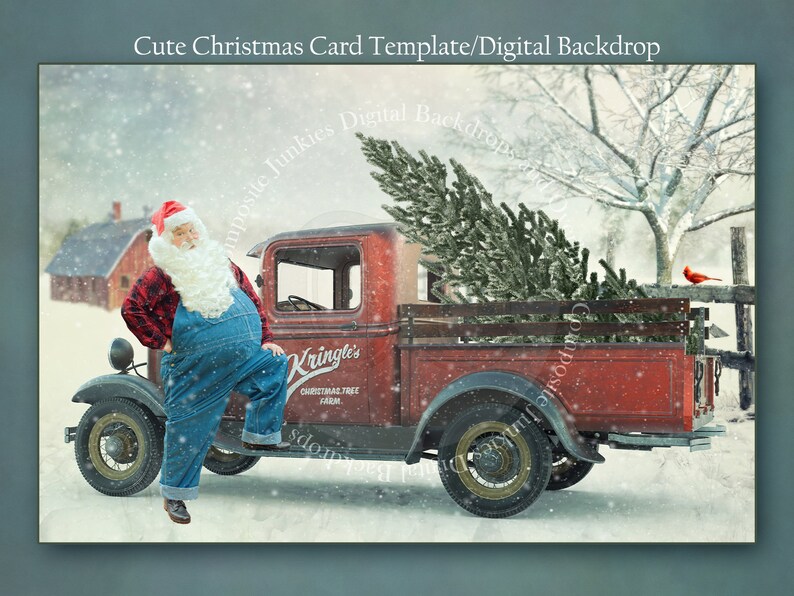 Red Truck Christmas Digital Backdrop Christmas Card Template - Etsy