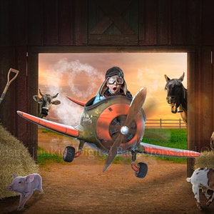 Plane Flying Through Barn Digital Background | Farm Animals Digital ...