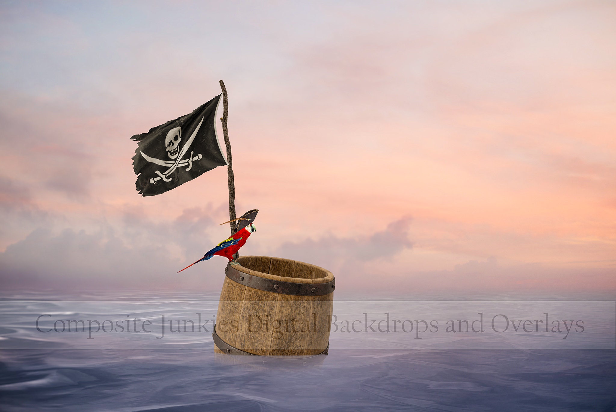 Pirate Digital Backdrop (light) - Barrel Floating in Water Digital ...