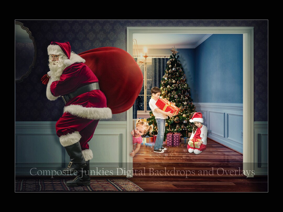 Santa Sneaking Christmas Digital Backdrop Background, Holiday Composite ...