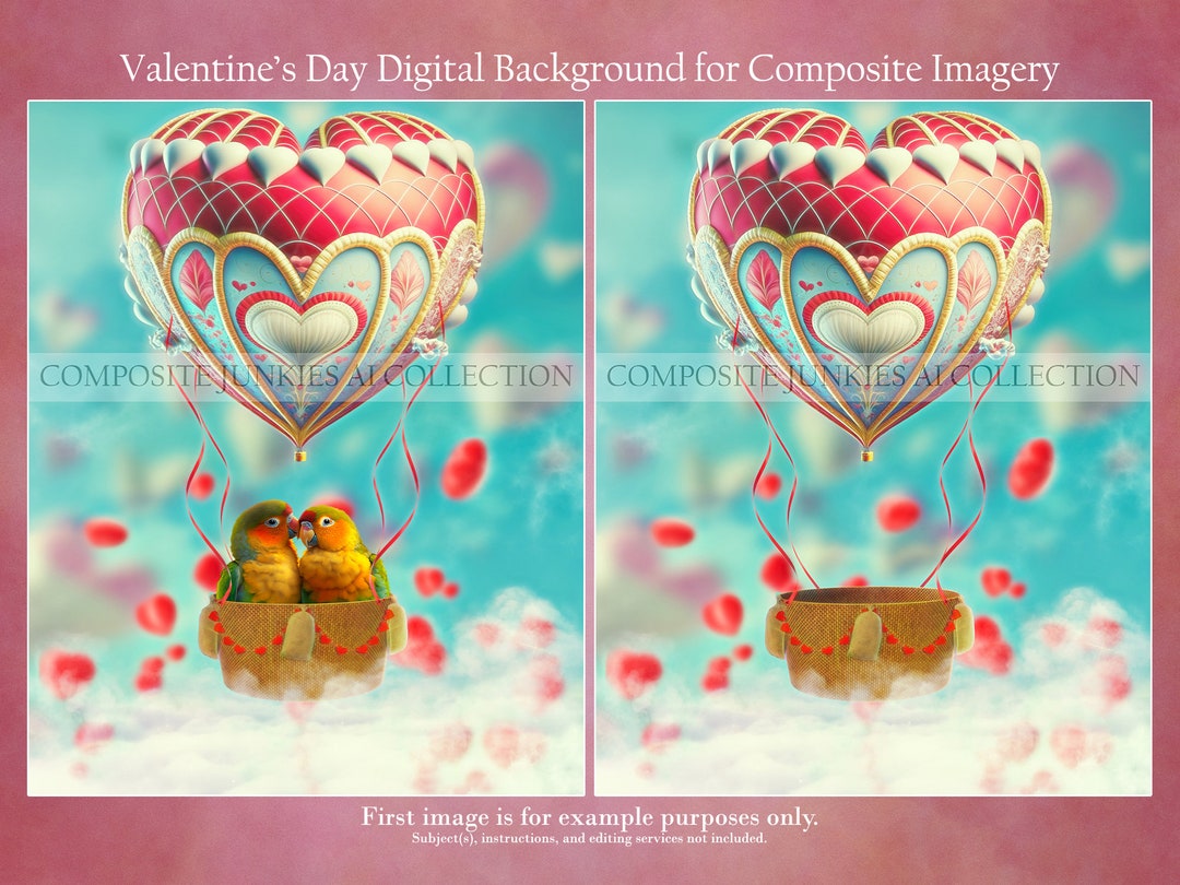Cute Valentine's Day Digital Background, Hot Air Balloon Digital ...