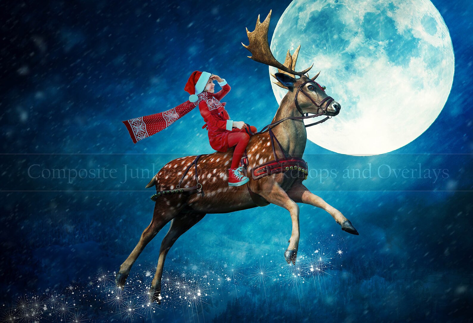 Flying Deer Digital Backdrop Magic Christmas Digital | Etsy