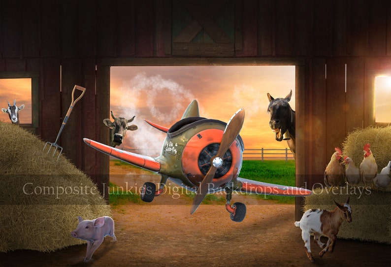 Plane Flying Through Barn Digital Background | Farm Animals Digital ...