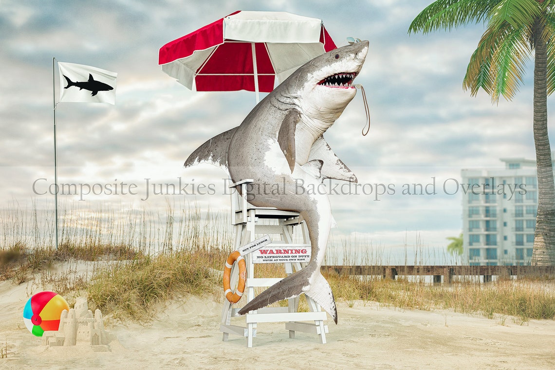 Great White Shark Lifeguard at Beach Digital Backdrop for Composites ...